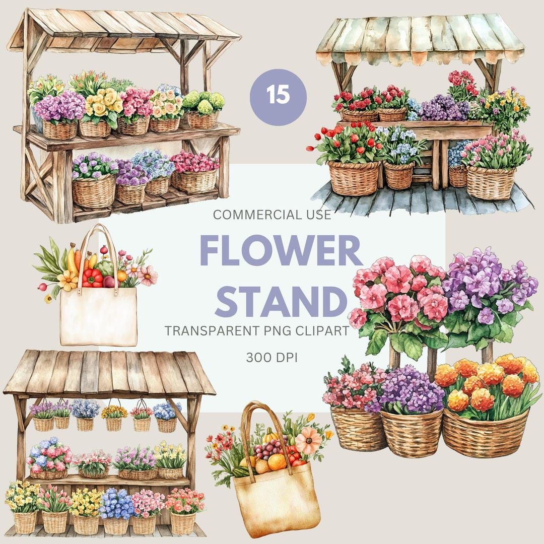 Flower Stand Clipart, Watercolor Farmers Market Clipart, Spring Market ...