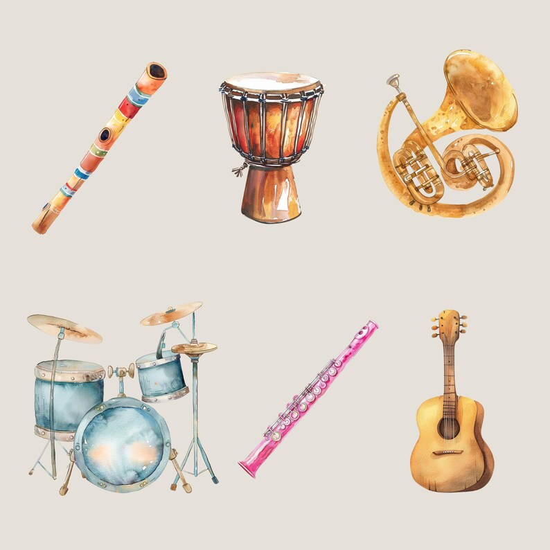 Musical Instruments Clipart Pack, Watercolor Band Instruments PNG, Cute ...