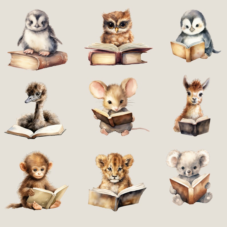 Animal Reading Clipart, Watercolor Animal Reading Book, Booklover Clip ...