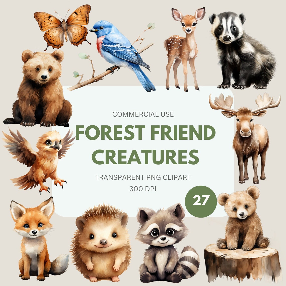 Forest Friend Woodland Creatures Clipart Pack, Watercolor Forest ...