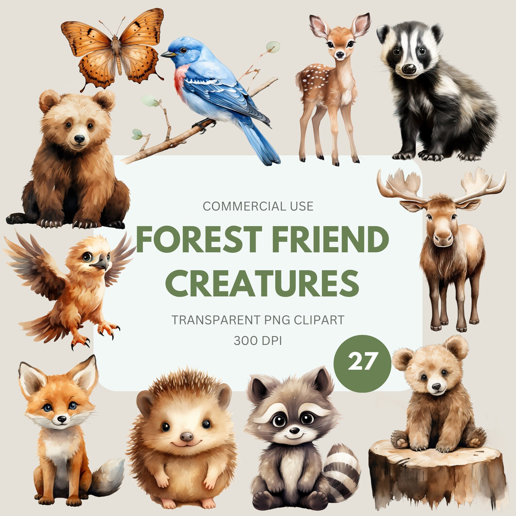 Forest Friend Woodland Creatures Clipart Pack, Watercolor Forest ...