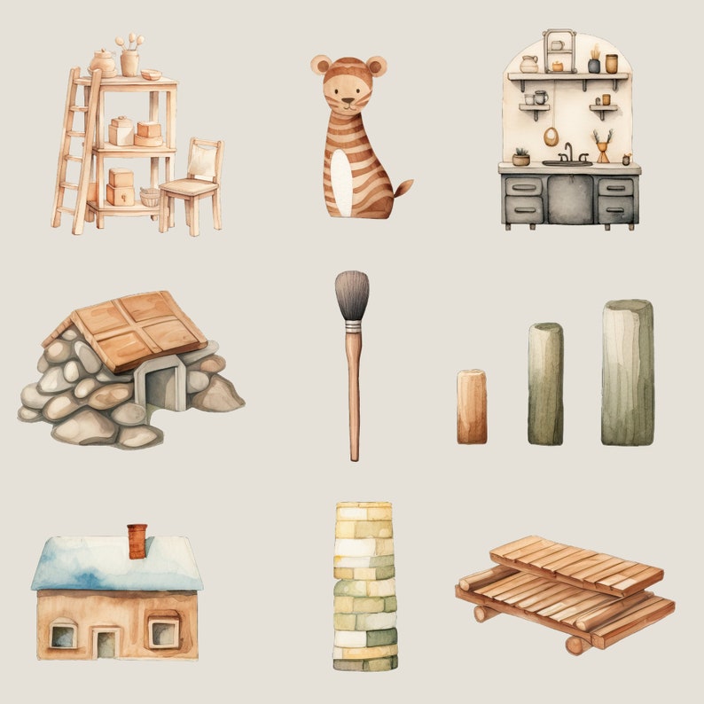 Wood Toy Clipart Pack, Watercolor Baby Toys Clipart, Boho Baby, Newborn ...