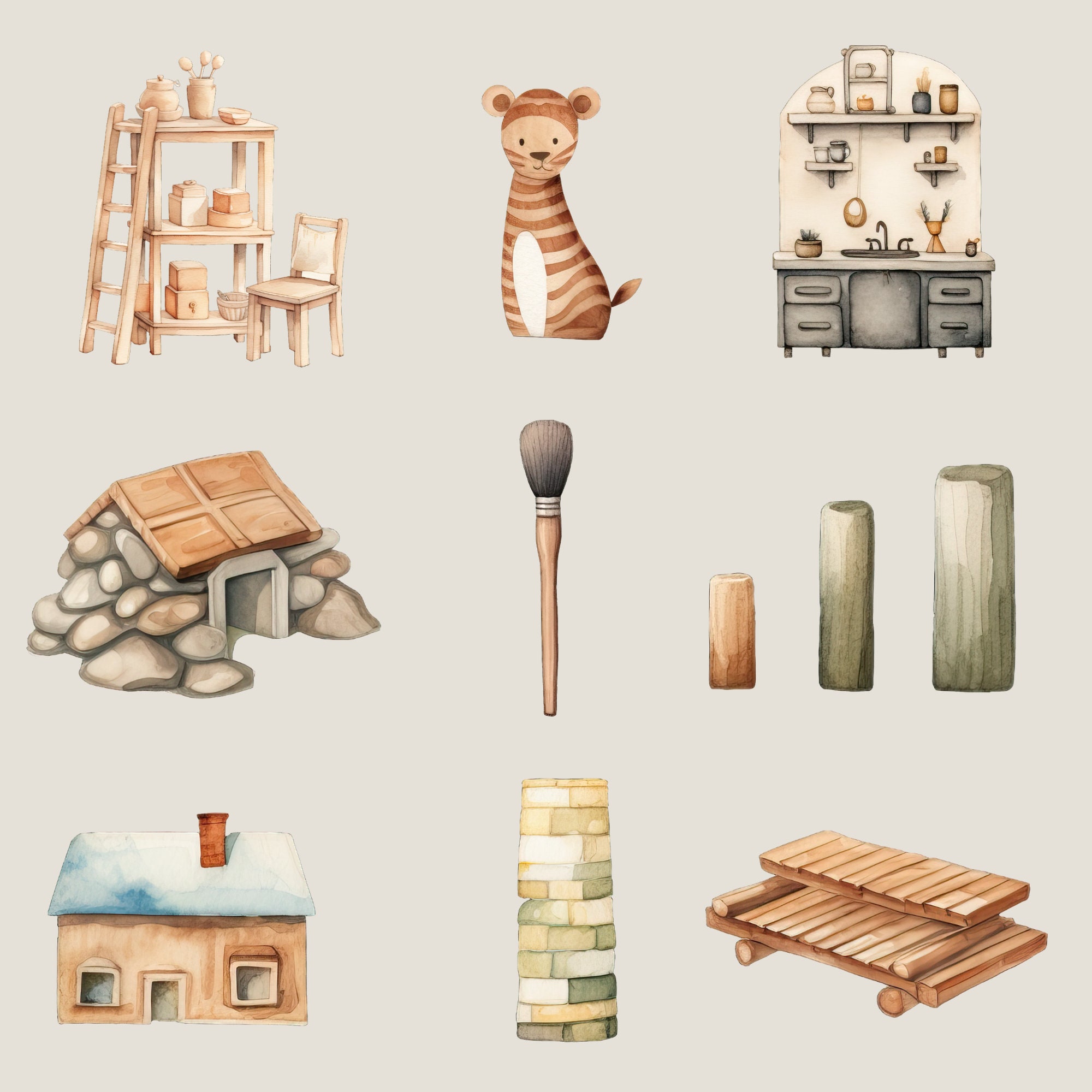 Wood Toy Clipart Pack, Watercolor Baby Toys Clipart, Boho Baby, Newborn ...