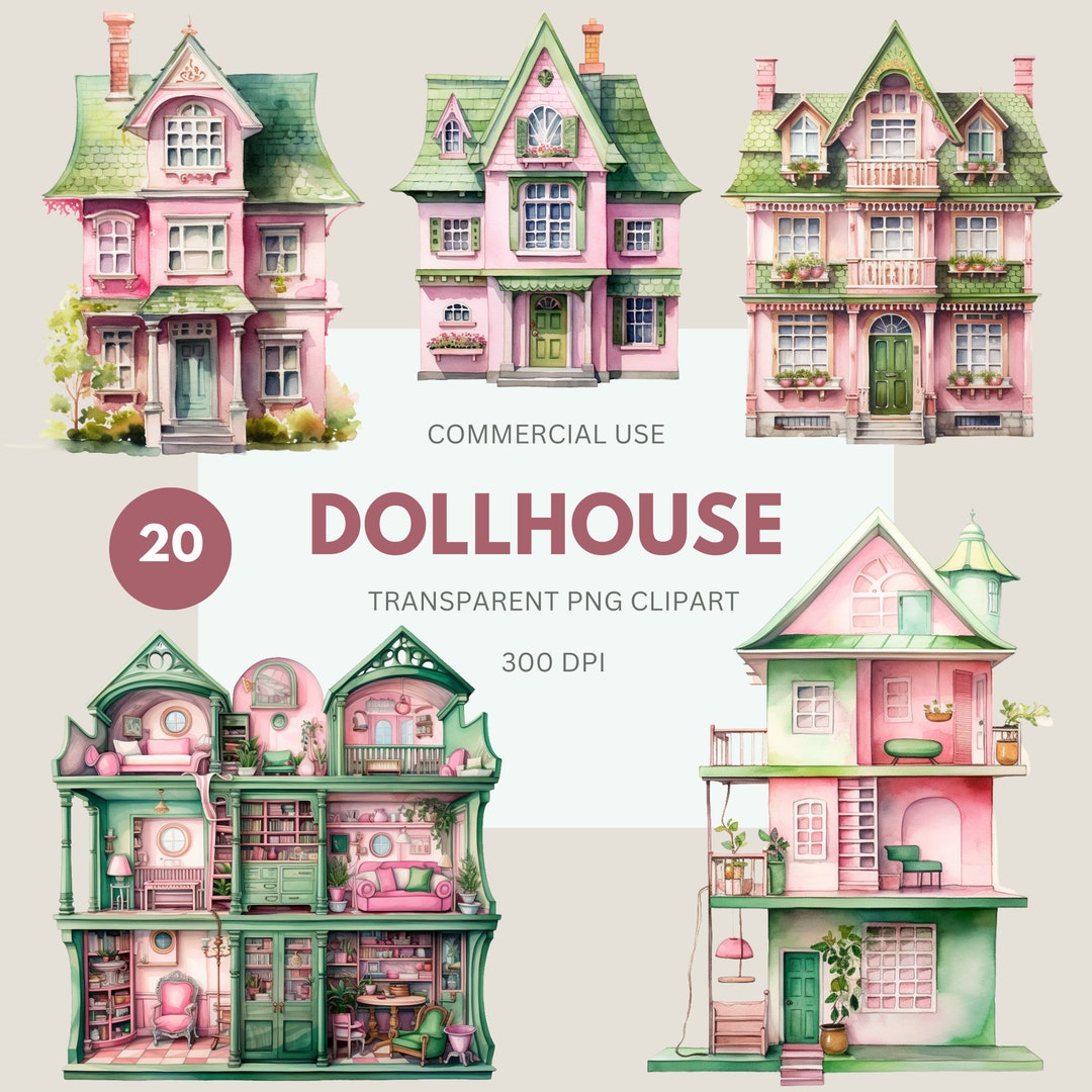 Dollhouse Clipart Pack, Watercolor Cute House PNG, Pastel Dollhouse ...