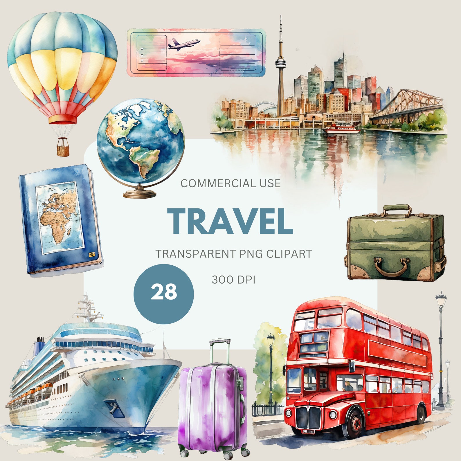 Travel Clipart Pack, Watercolor Holiday PNG, Pastel Vacation Travel ...