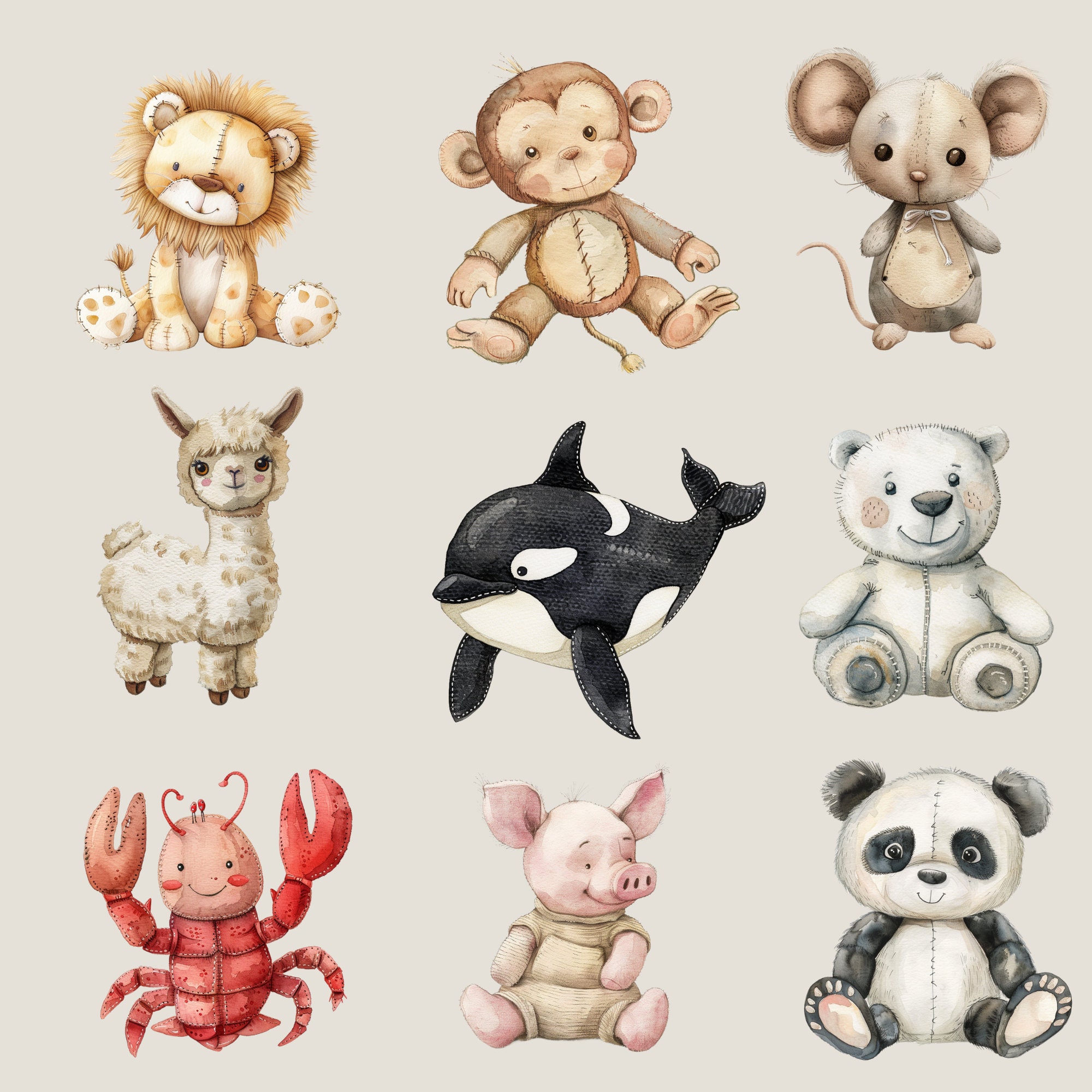 Vintage Knitted Plush Animals Clipart Pack, Watercolor Stuffed Animal ...
