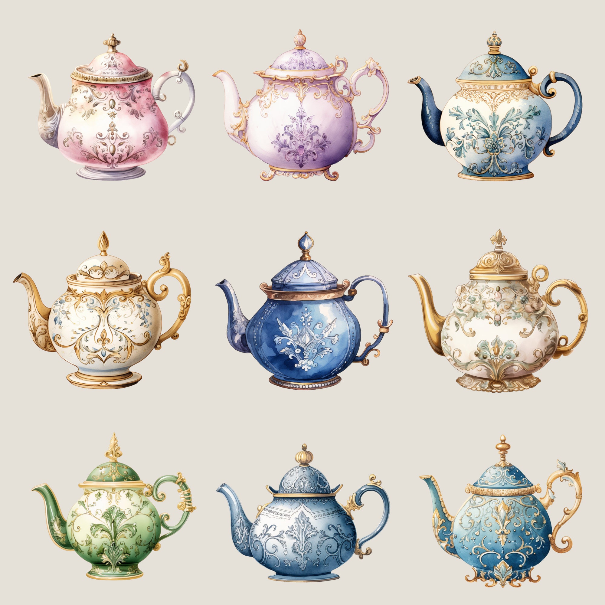 Vintage Tea Party Clipart Pack, Watercolor Versailles Tea Party, Tea ...