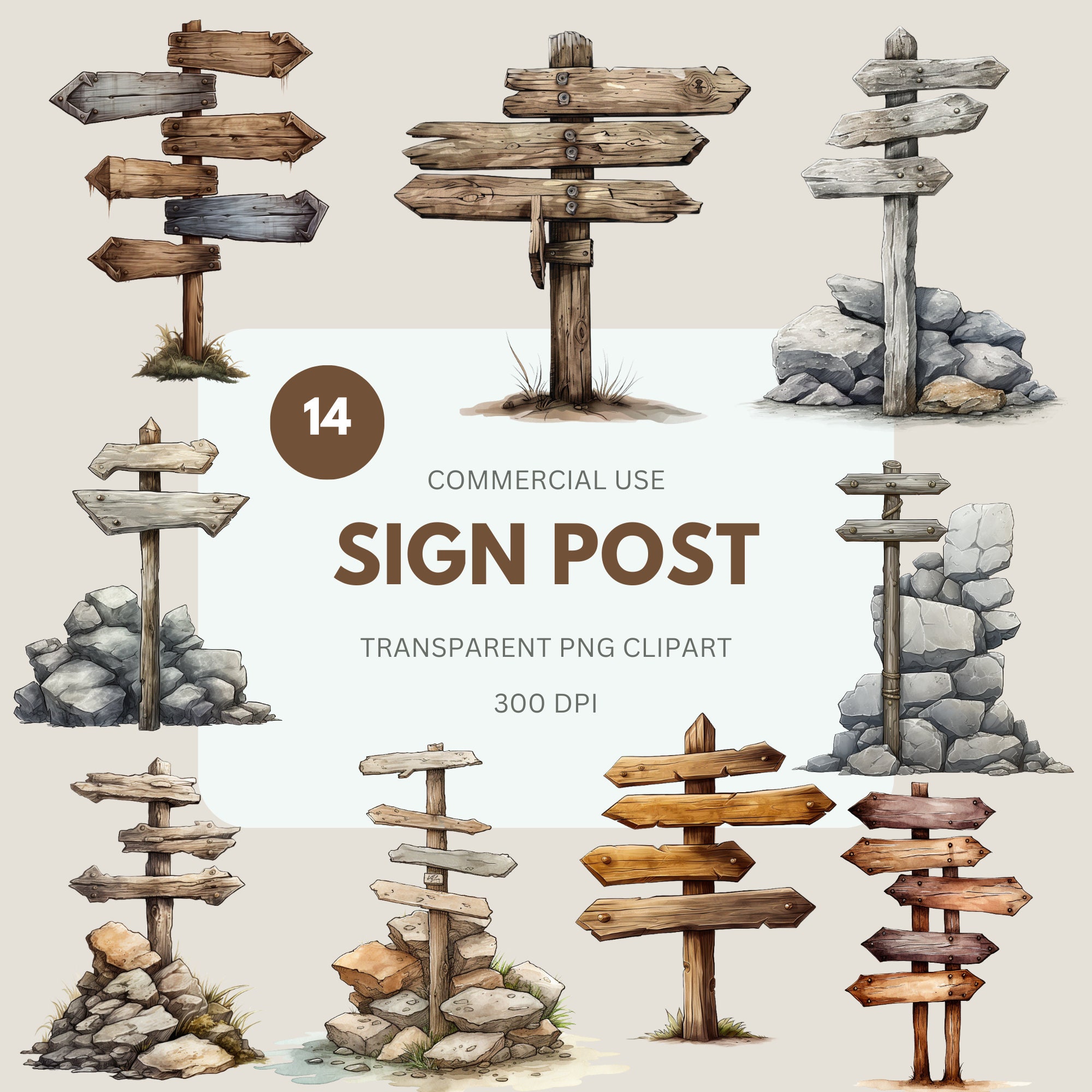 Sign Post Clipart Pack, Wooden Sign Post Watercolor, Wooden Signs ...