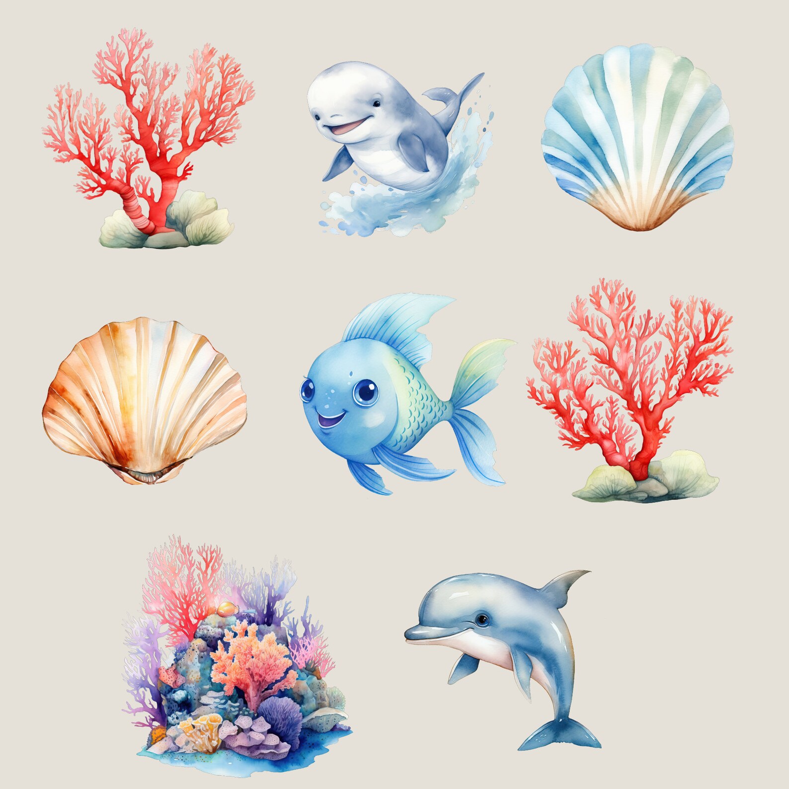 Underwater Sea Creature Clipart Pack, Cute Sea Creatures, Coral Life ...