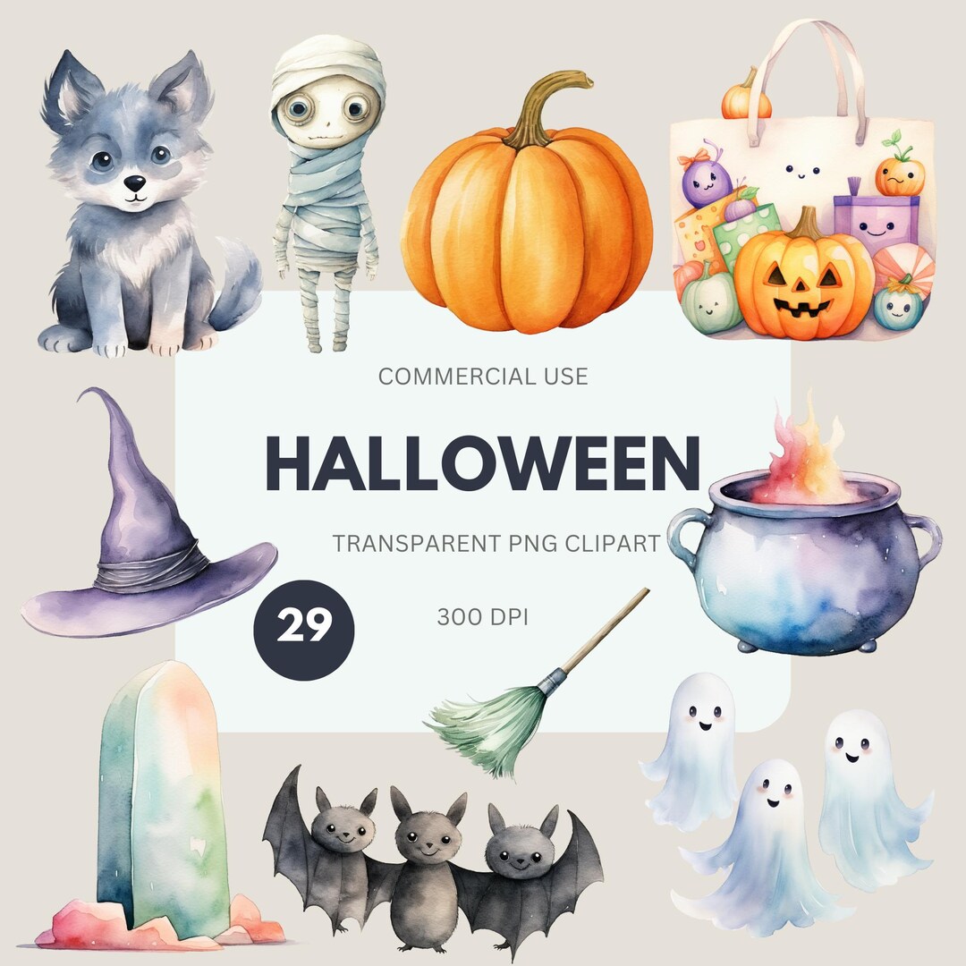 Halloween Clipart Pack, Autum Watercolor, Cute Monster, Pumpkin, Ghost ...