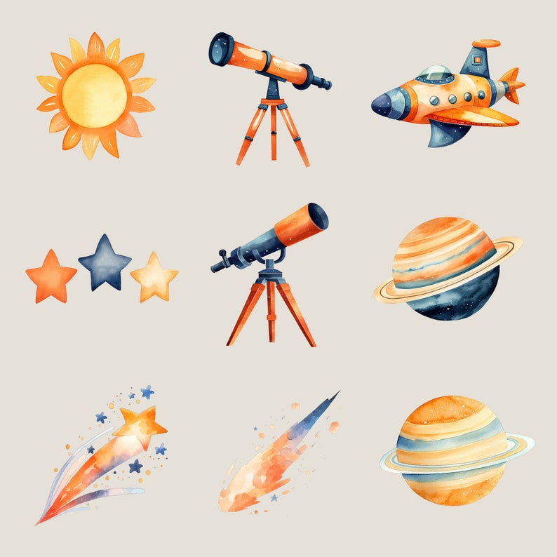 Outer Space Clipart Pack, Watercolor Rocket Space PNG, Cute Space Water ...