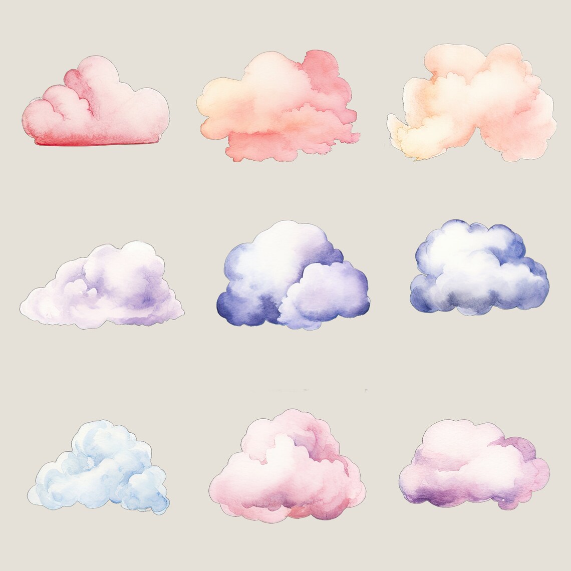 Watercolor Pastel Clouds Clipart Pack, Cloudy Graphics PNG, Rainy ...