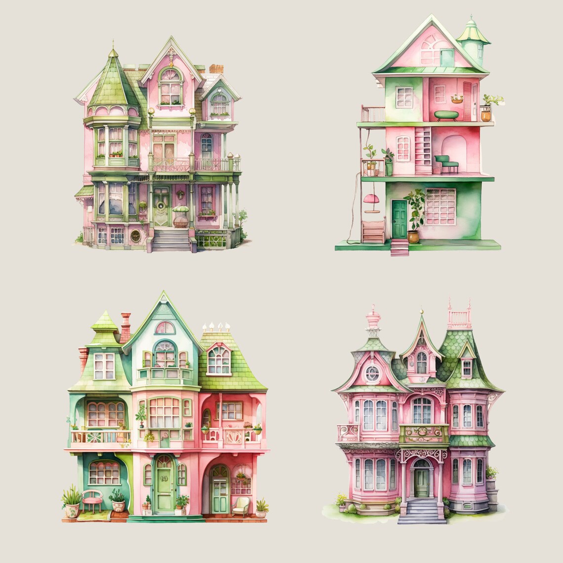 Dollhouse Clipart Pack, Watercolor Cute House PNG, Pastel Dollhouse ...