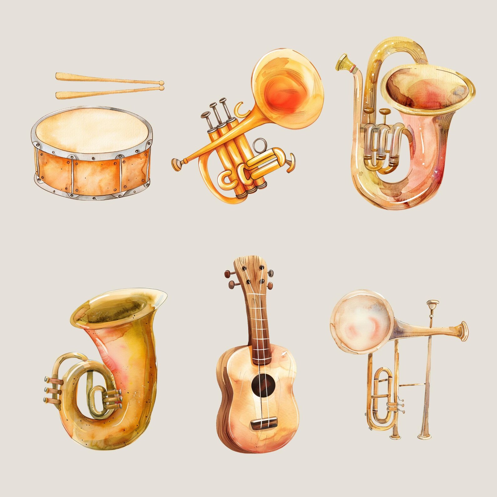 Musical Instruments Clipart Pack, Watercolor Band Instruments PNG, Cute ...