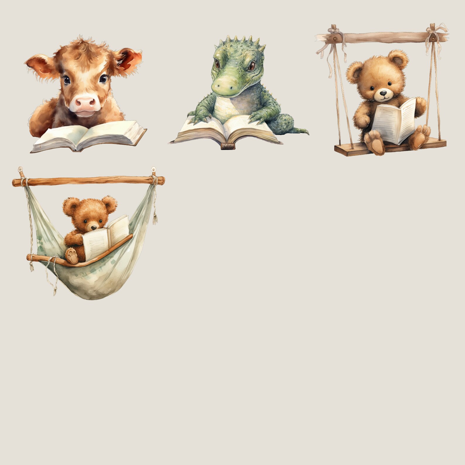 Animal Reading Clipart, Watercolor Animal Reading Book, Booklover Clip ...