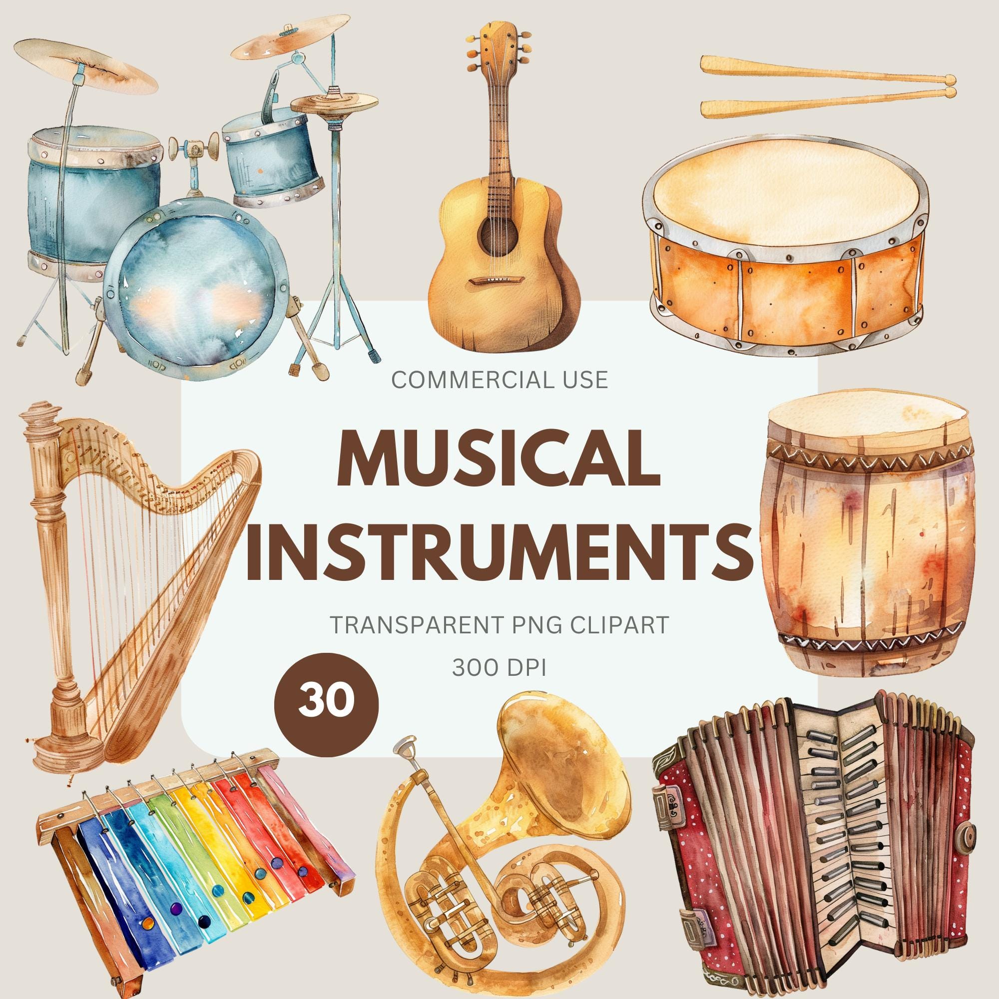 Musical Instruments Clipart Pack, Watercolor Band Instruments PNG, Cute ...