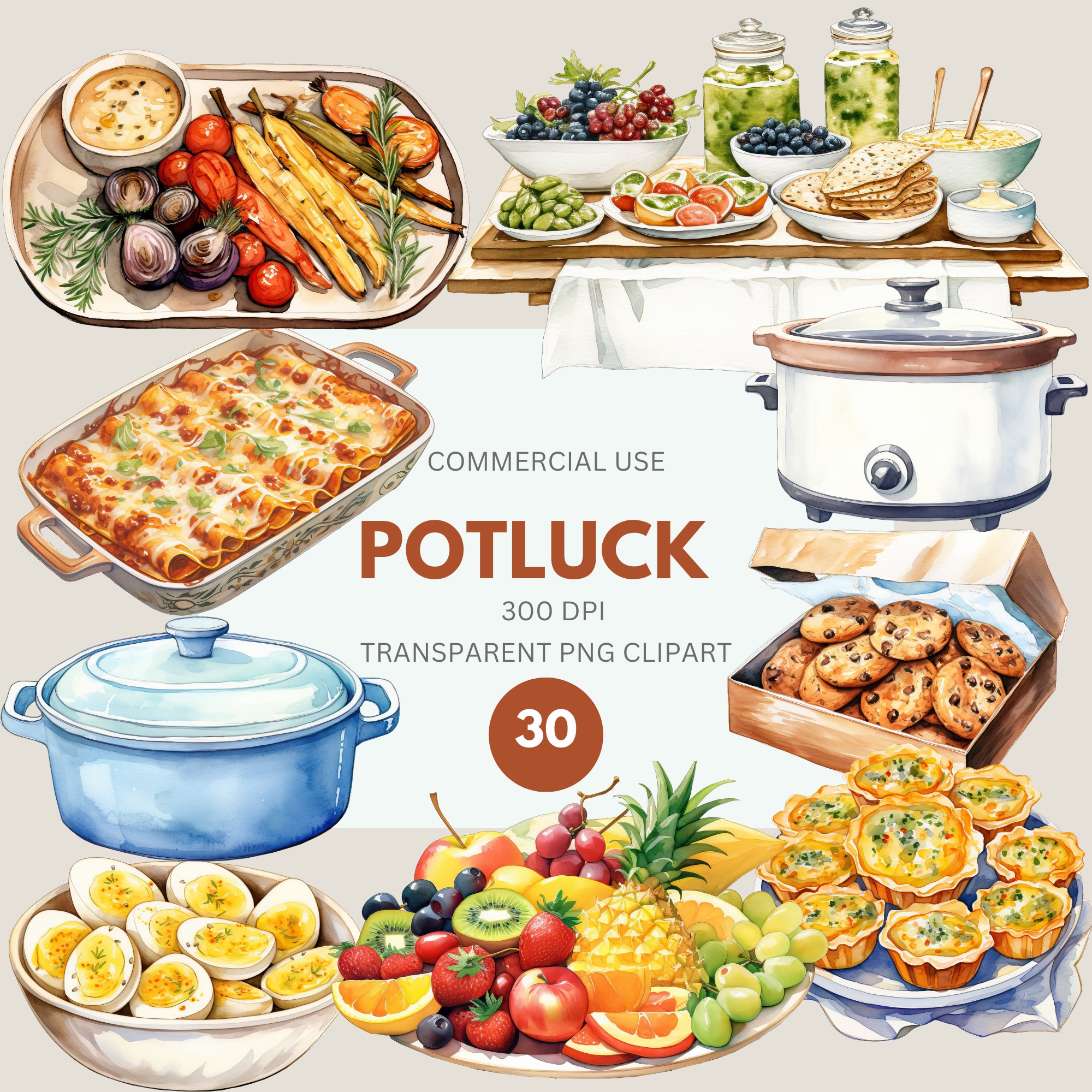 Potluck Clipart Pack, Watecolor Casserole, Crockpot, Cupcake Food, Community Dining, Party ...