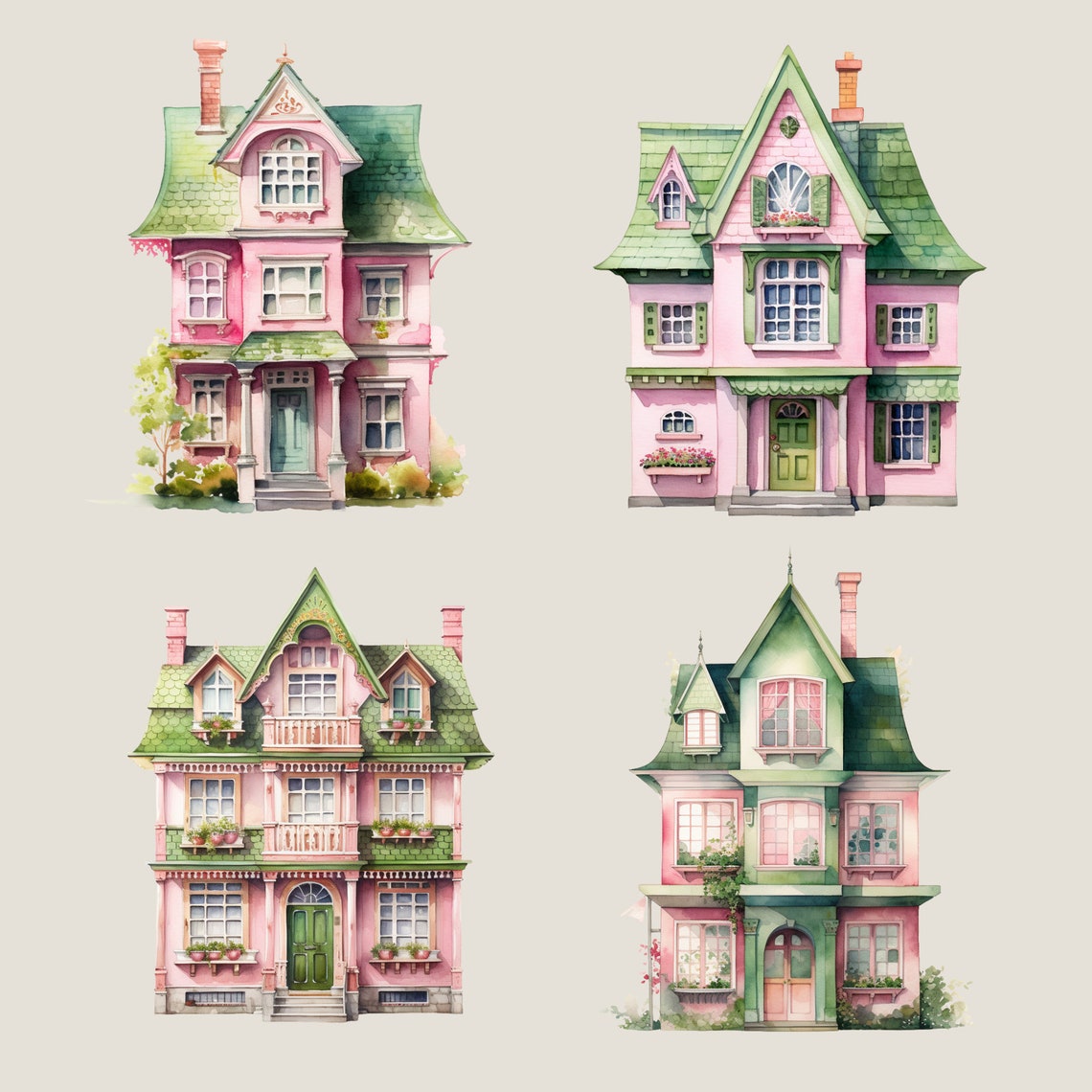 Dollhouse Clipart Pack, Watercolor Cute House PNG, Pastel Dollhouse ...