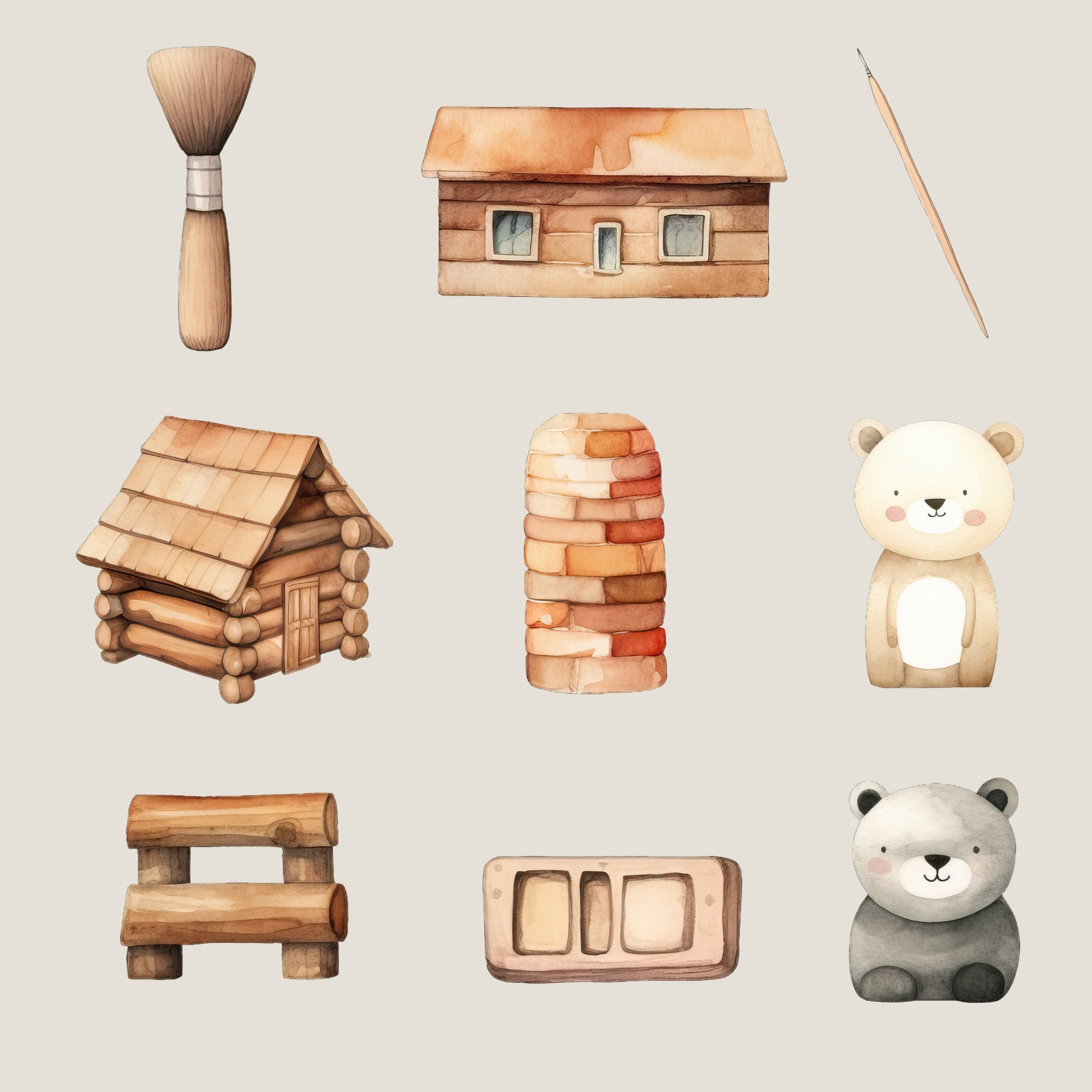 Wood Toy Clipart Pack, Watercolor Baby Toys Clipart, Boho Baby, Newborn ...