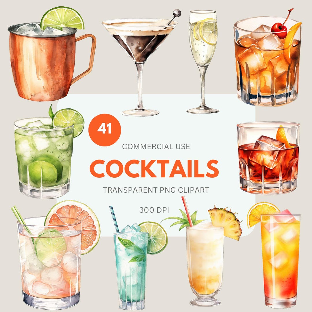 Cocktail Clipart Pack, Alcohol, Beer, Whiskey, Bar Menu, Signature ...