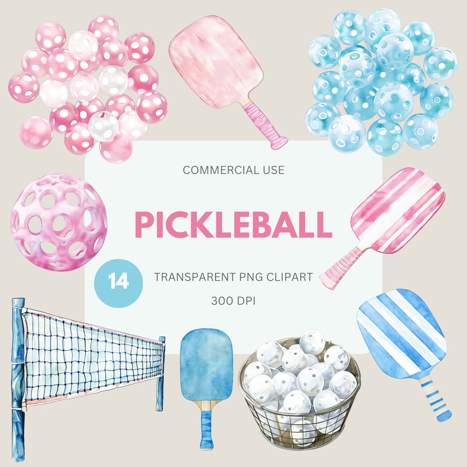 Watercolor Pickleball Clipart, Sports Clipart, Pickleball Paddle ...