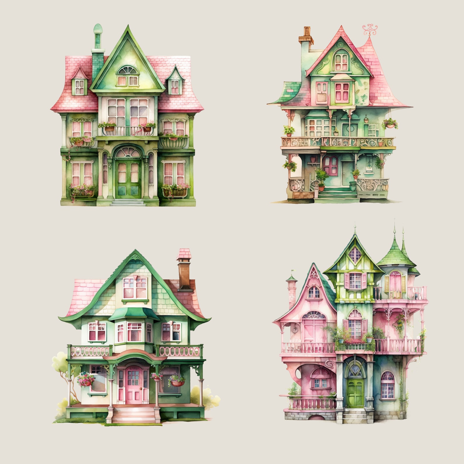 Dollhouse Clipart Pack, Watercolor Cute House PNG, Pastel Dollhouse ...