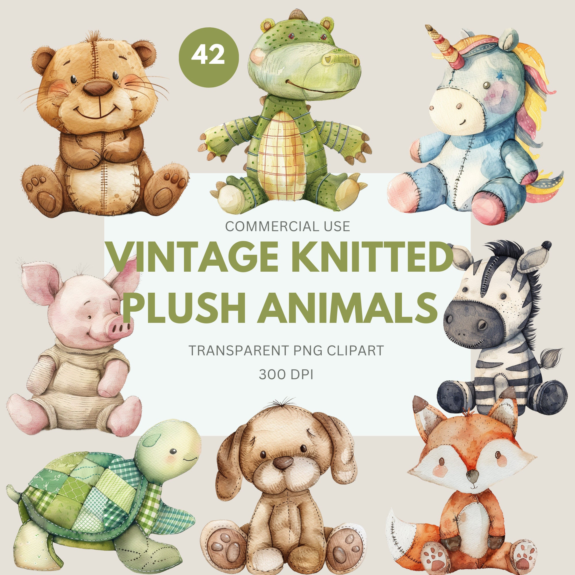 Vintage Knitted Plush Animals Clipart Pack, Watercolor Stuffed Animal ...