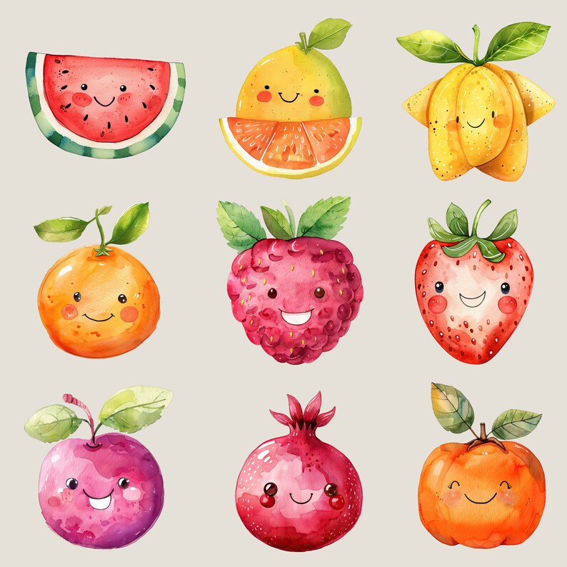Cute Fruits Clipart Pack, Kawaii Fruit Clipart, Cute Exotic Fruits ...