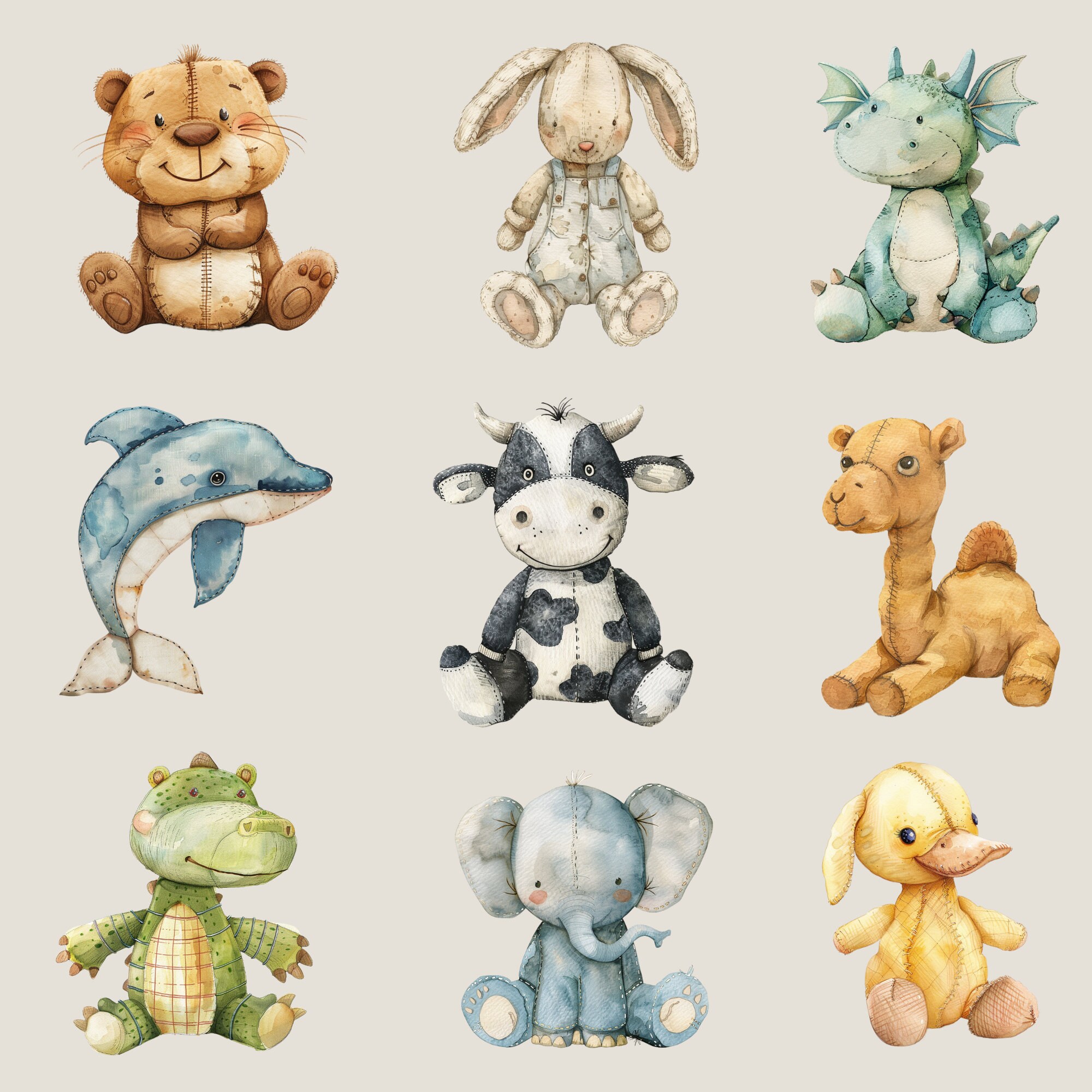 Vintage Knitted Plush Animals Clipart Pack, Watercolor Stuffed Animal ...
