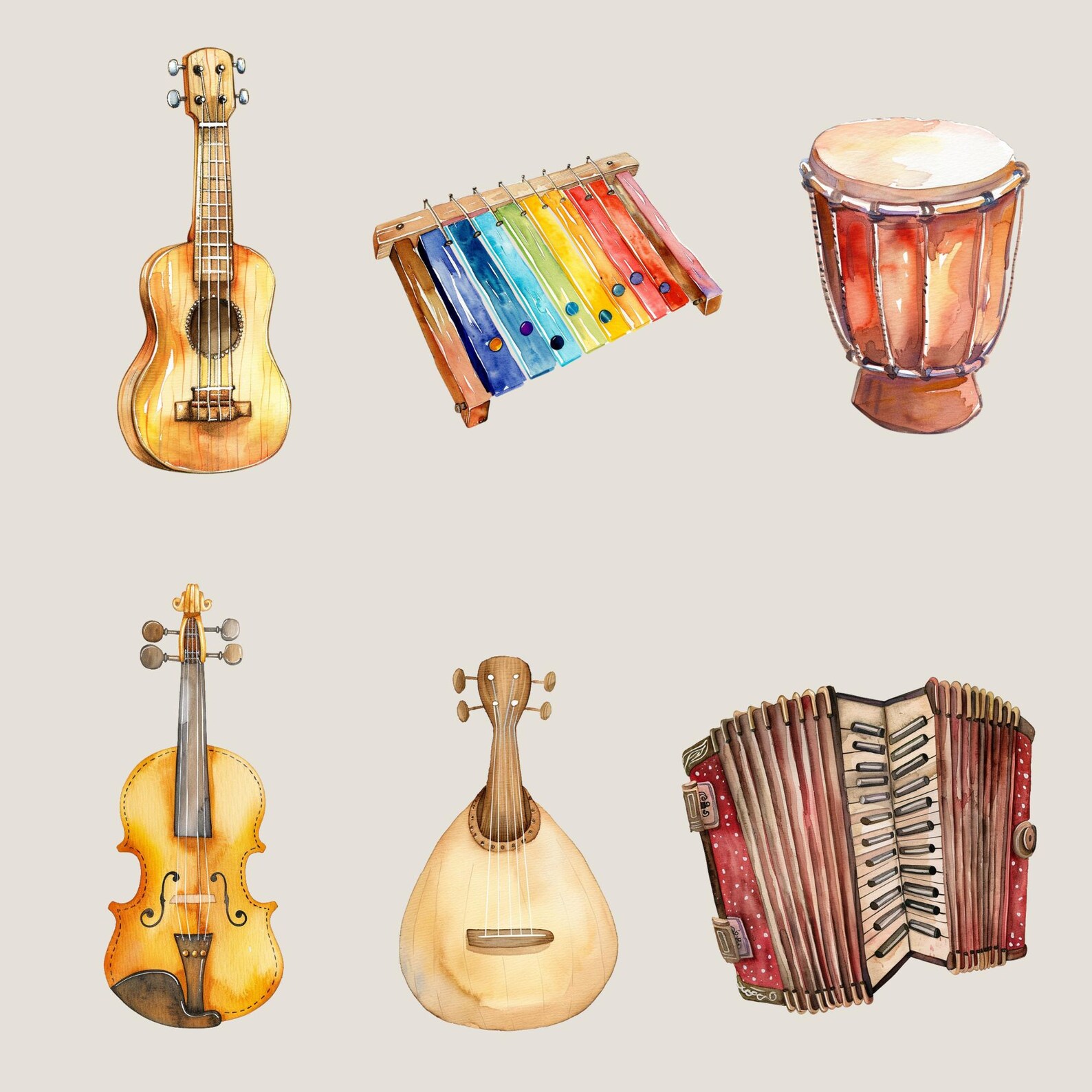 Musical Instruments Clipart Pack, Watercolor Band Instruments PNG, Cute ...