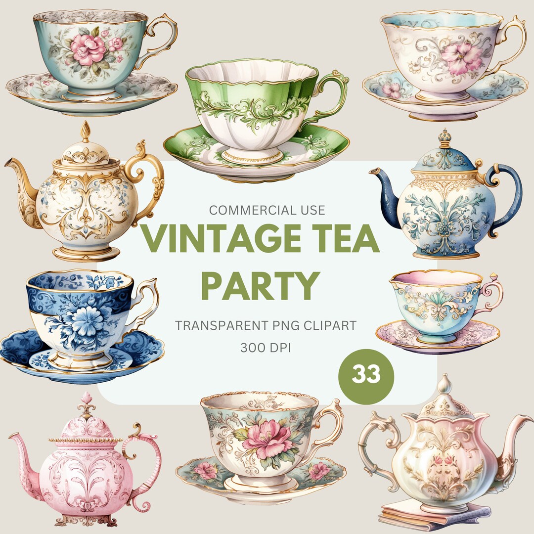 Vintage Tea Party Clipart Pack, Watercolor Versailles Tea Party, Tea ...