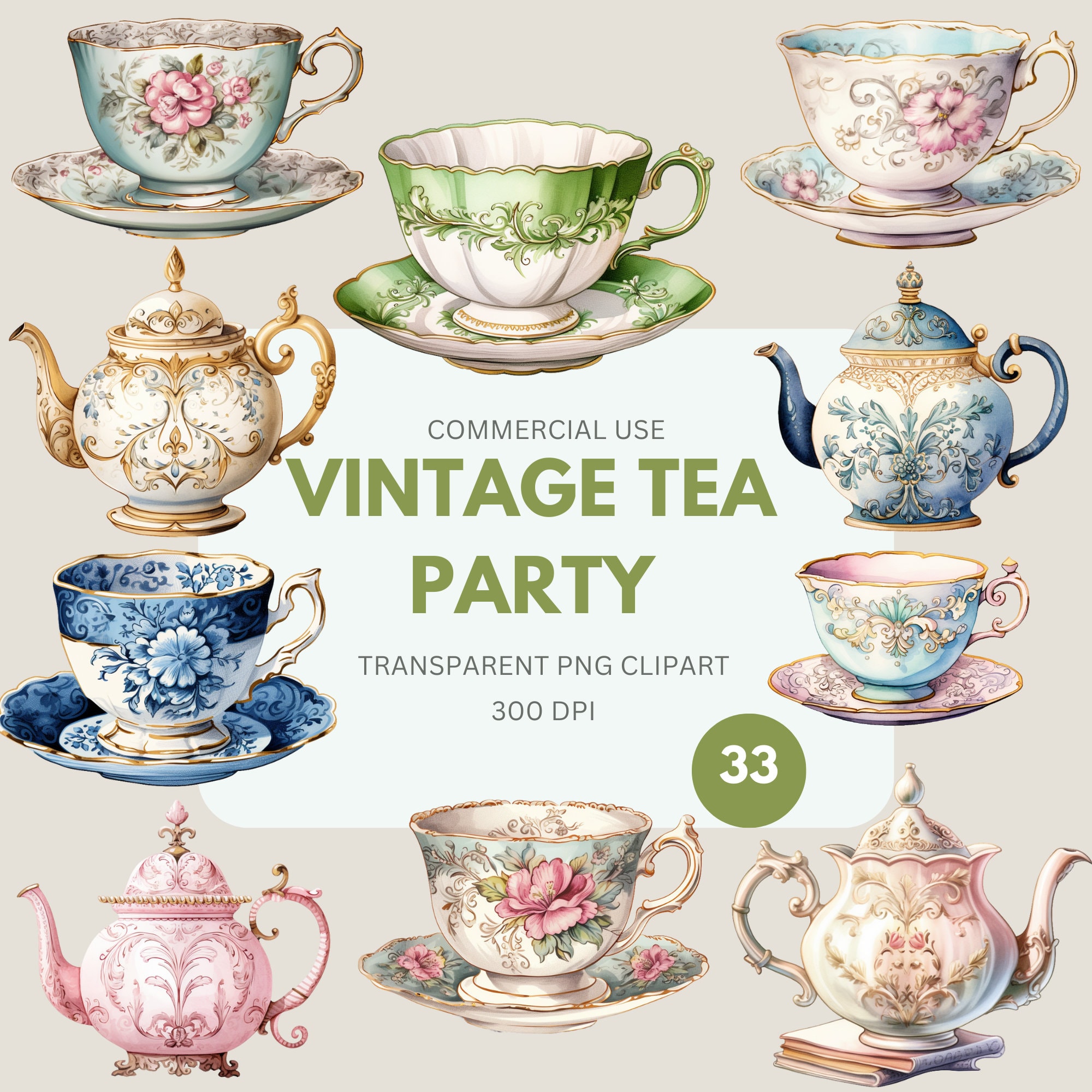 Vintage Tea Party Clipart Pack, Watercolor Versailles Tea Party, Tea ...