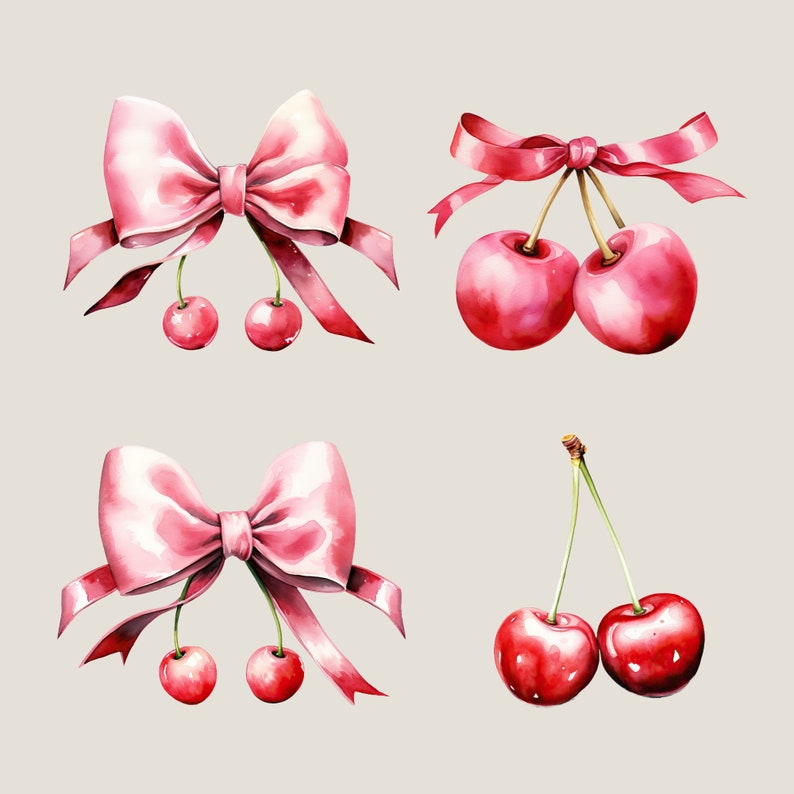 Coquette Clipart Pack, Pink Bows, Coquette Cherry Bow PNG, Coquette ...