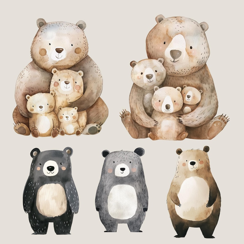 Cute Bear Family Clipart, Watercolor Funny Bear Clipart, Nursery, Baby ...