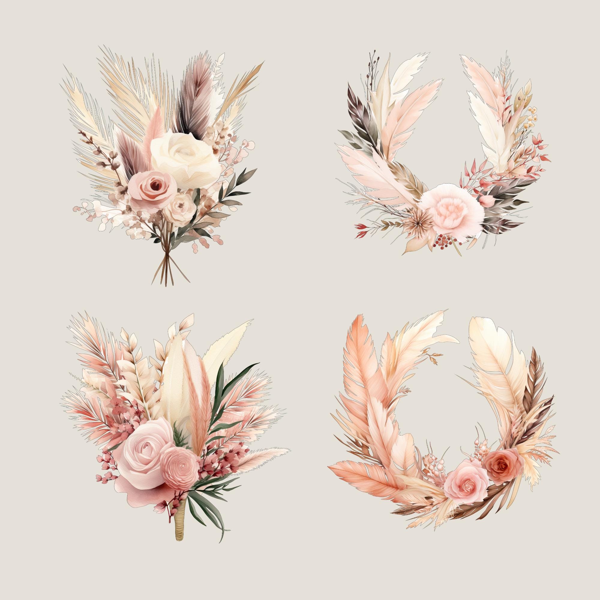 Boho Florals Clipart Pack, Watecolor Boho Floral, Wedding Flowers ...