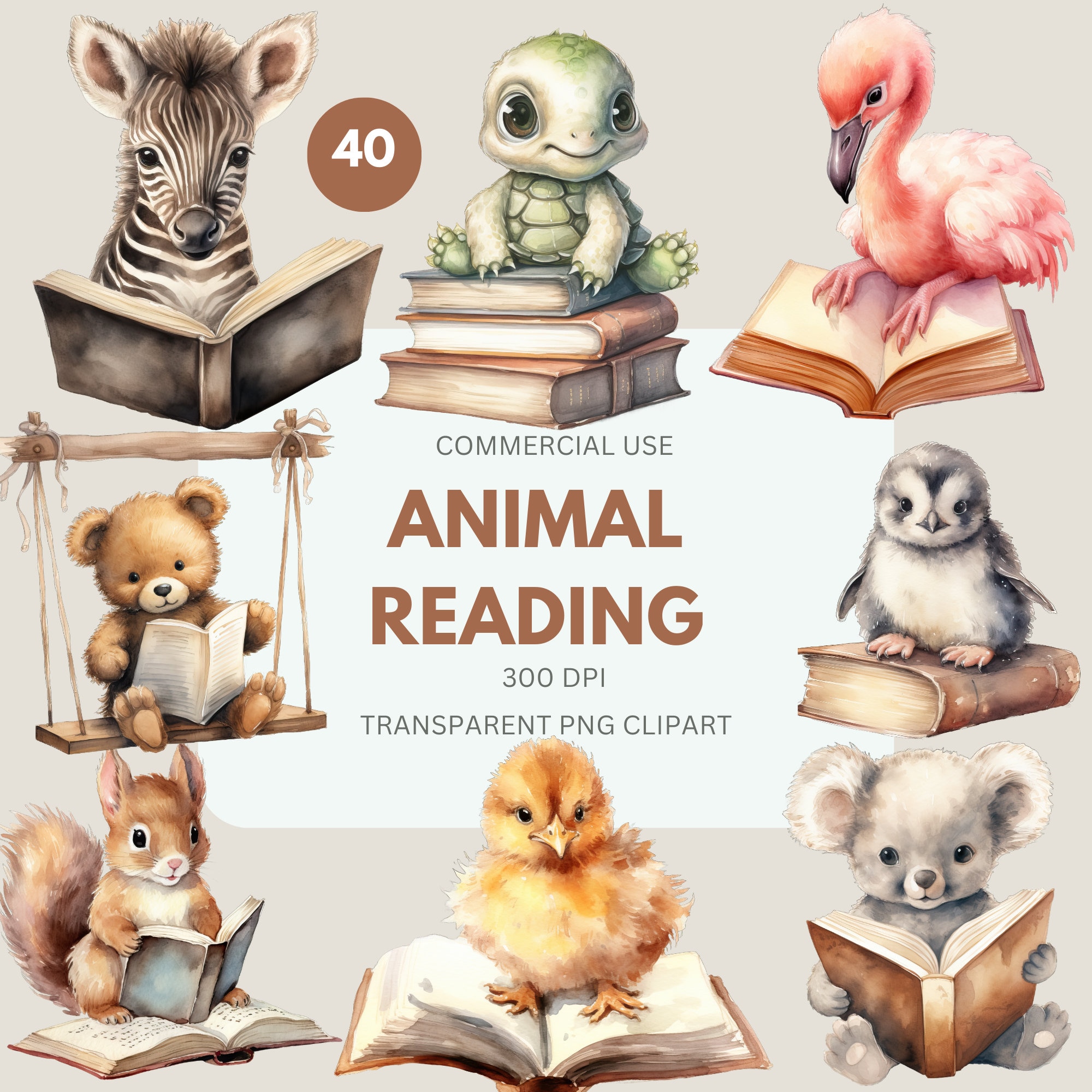 Animal Reading Clipart, Watercolor Animal Reading Book, Booklover Clip ...