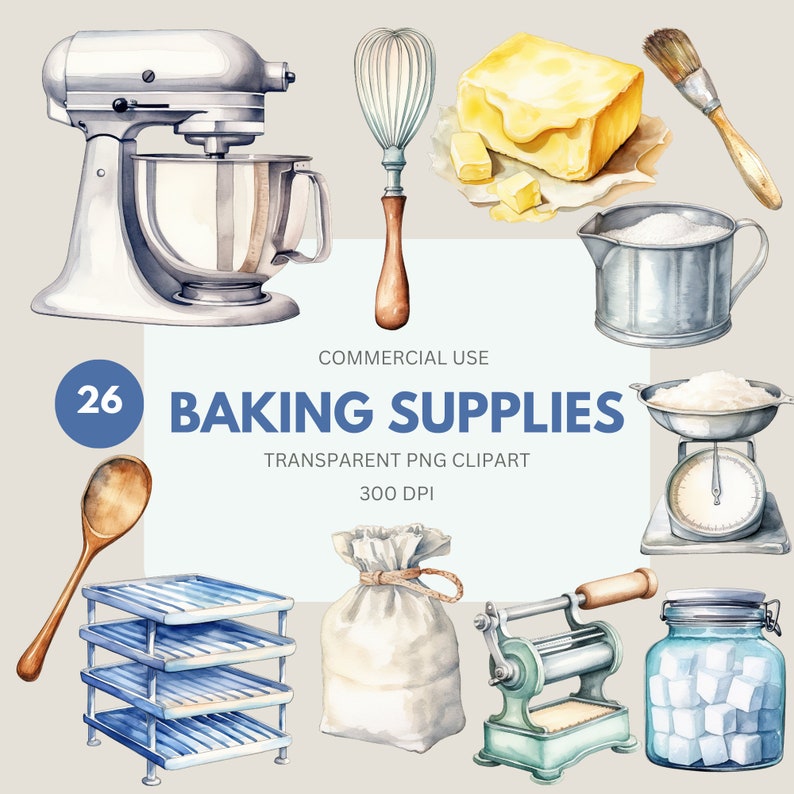 Baking Supplies Clipart Pack, Watercolor Baking Clipart, Kitchen ...