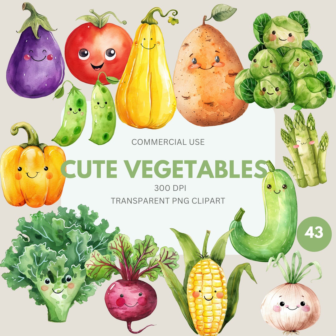 Cute Vegetables Clipart Pack, Kawaii Vegetables Clipart, Cute Exotic ...