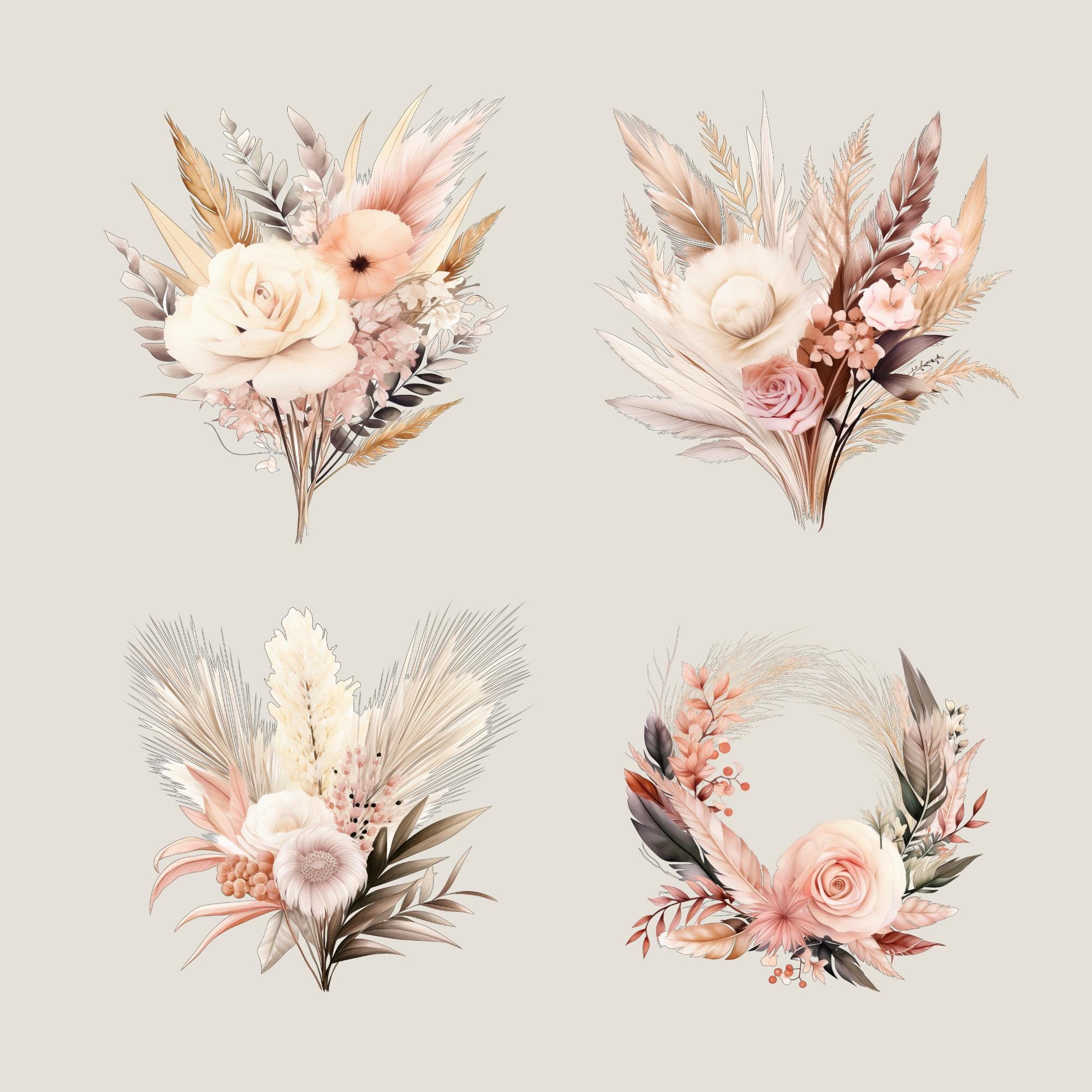 Boho Florals Clipart Pack, Watecolor Boho Floral, Wedding Flowers ...