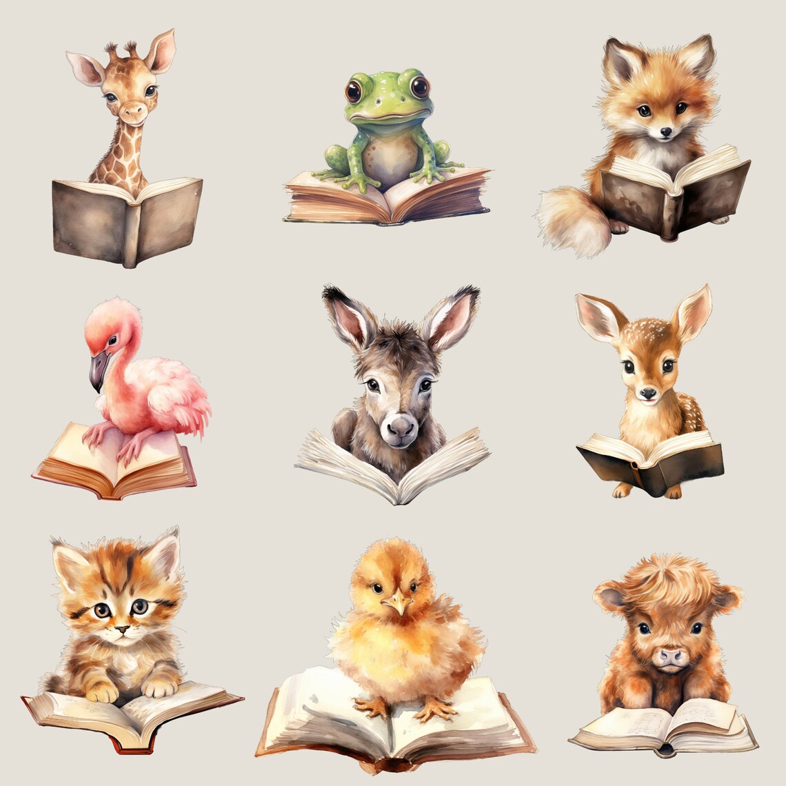 Animal Reading Clipart, Watercolor Animal Reading Book, Booklover Clip ...