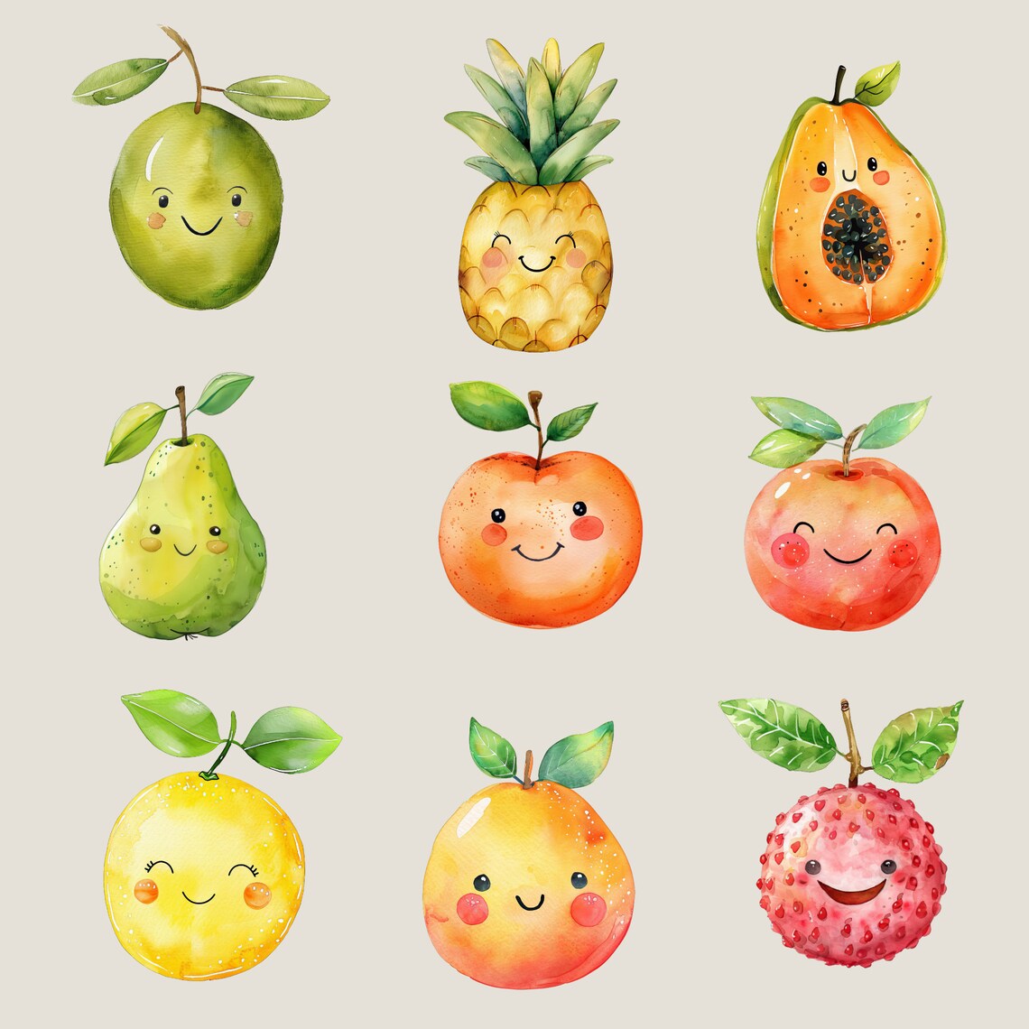 Cute Fruits Clipart Pack, Kawaii Fruit Clipart, Cute Exotic Fruits ...