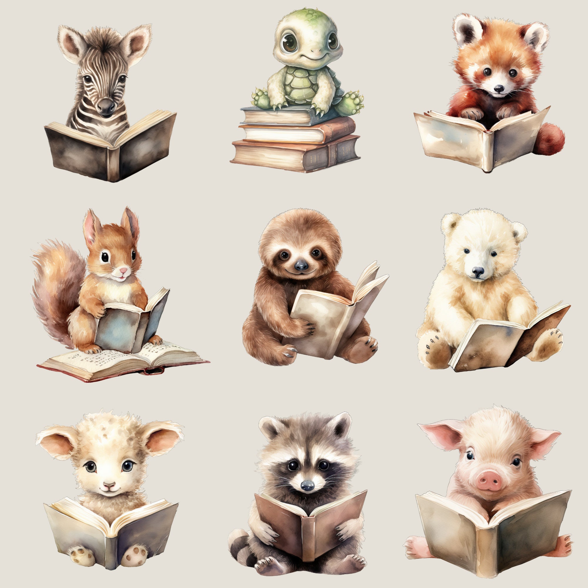 Animal Reading Clipart, Watercolor Animal Reading Book, Booklover Clip ...