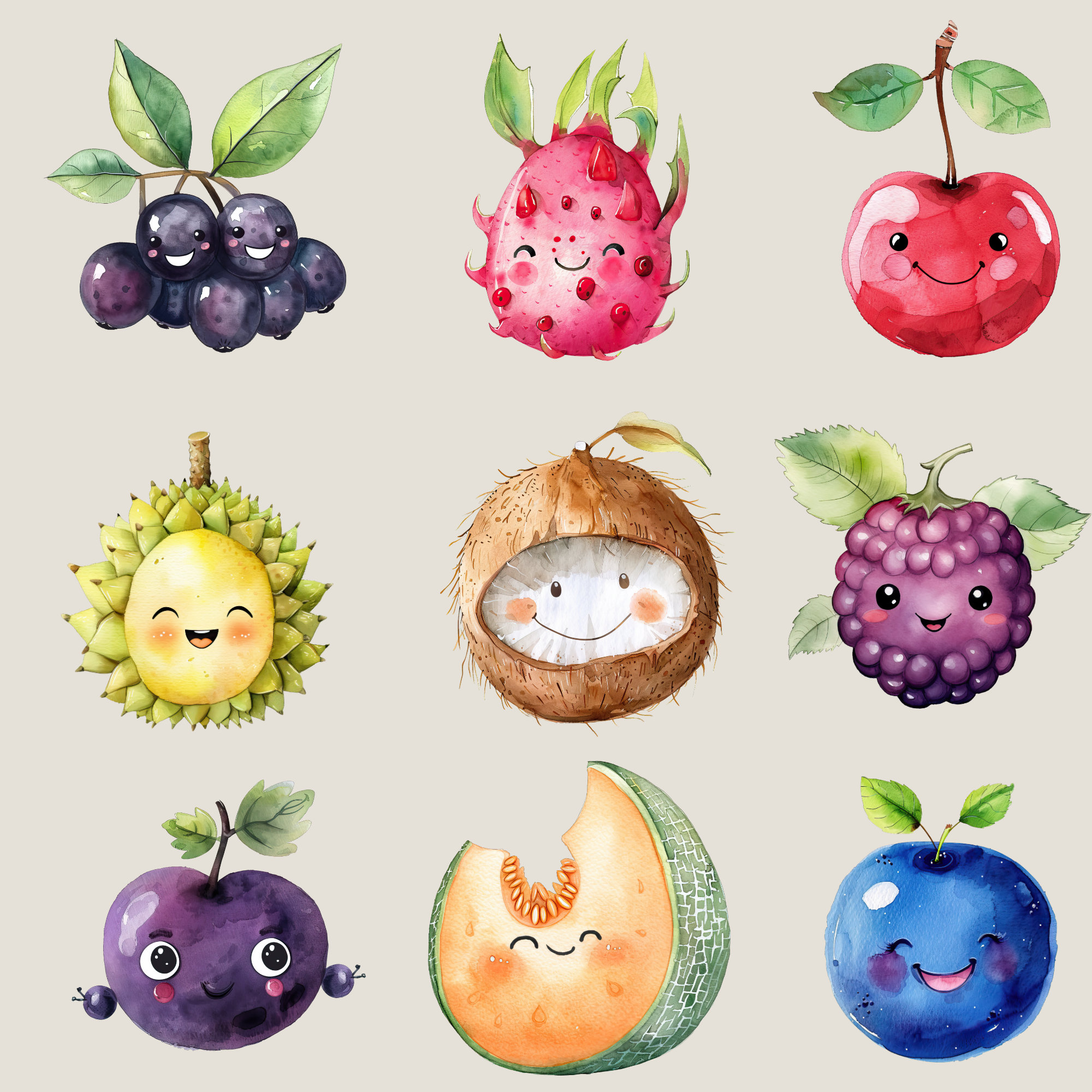 Cute Fruits Clipart Pack, Kawaii Fruit Clipart, Cute Exotic Fruits ...