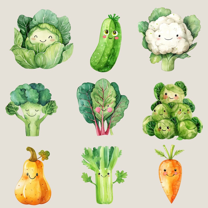 Cute Vegetables Clipart Pack, Kawaii Vegetables Clipart, Cute Exotic ...