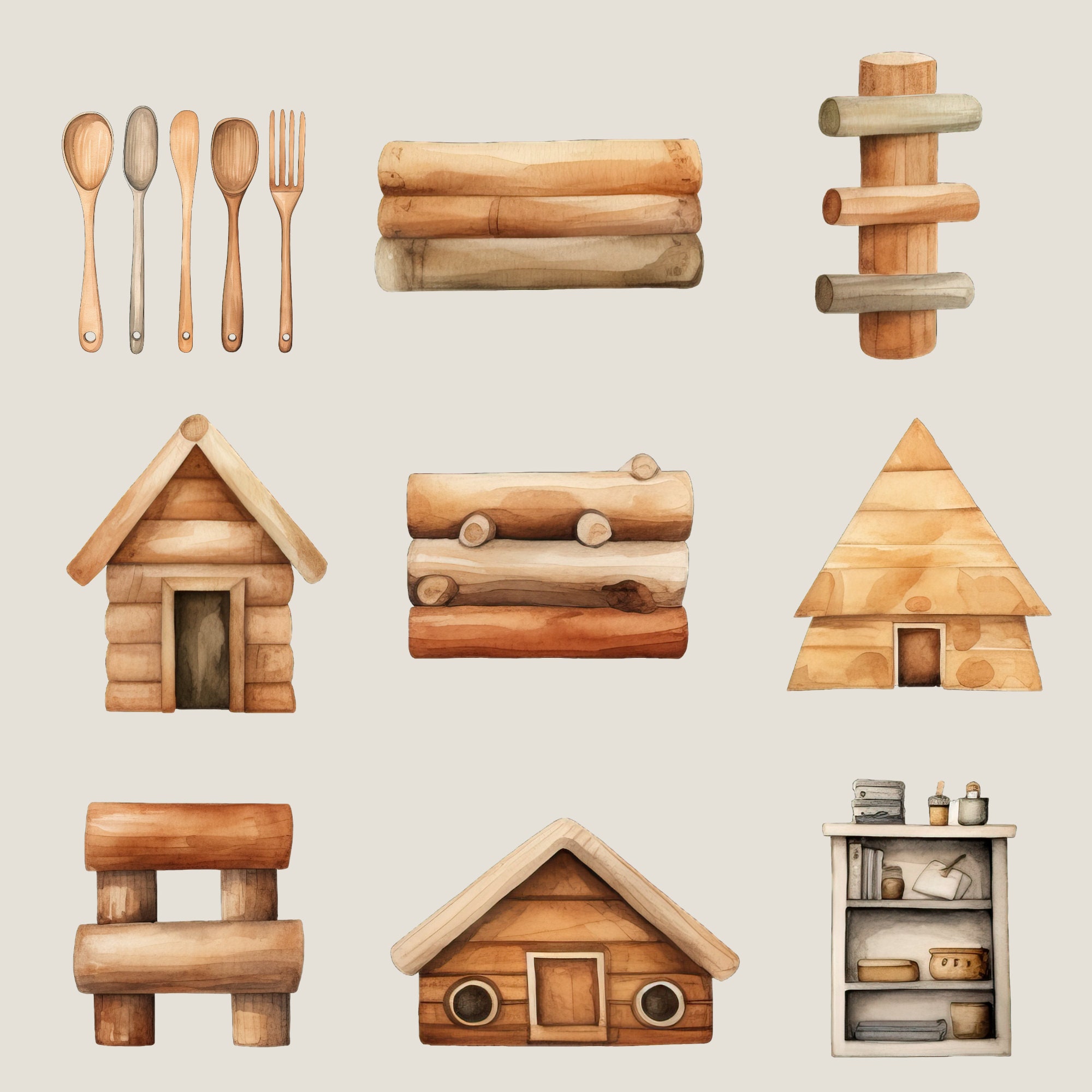 Wood Toy Clipart Pack, Watercolor Baby Toys Clipart, Boho Baby, Newborn ...