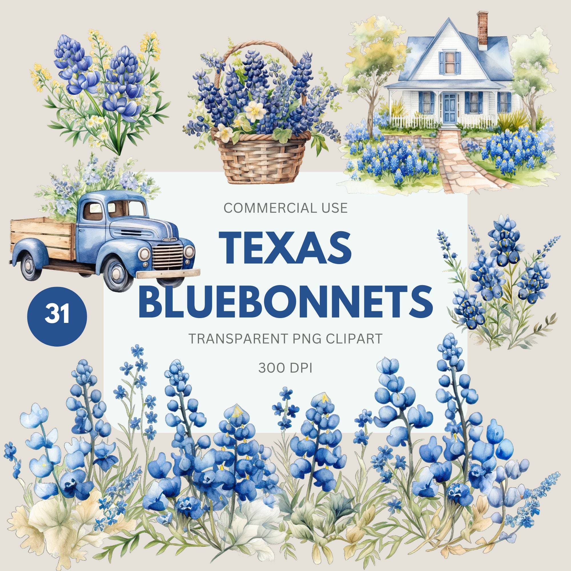 Texas Bluebonnets Clipart Pack, Watercolor Bluebonnet, Seamless Pattern ...