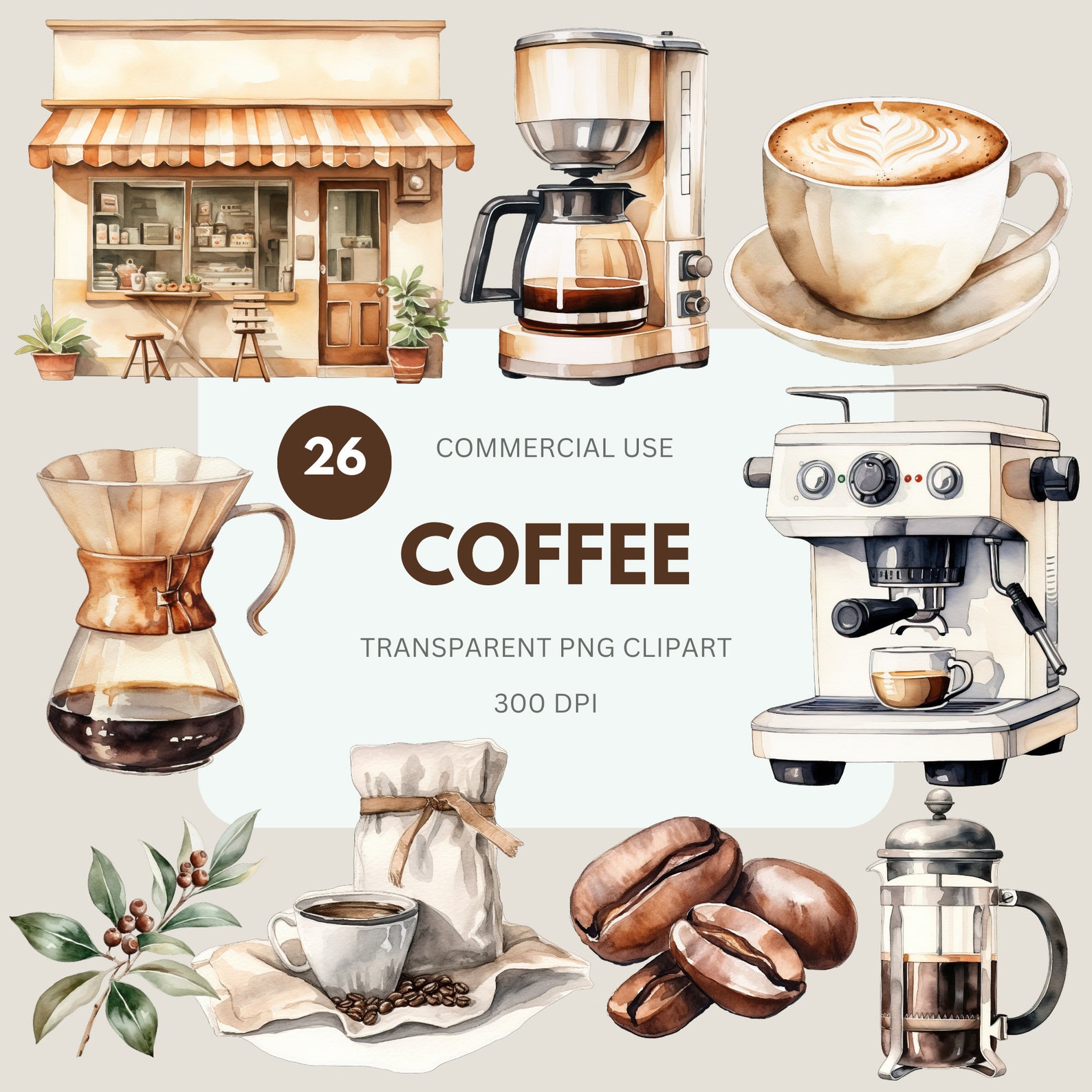 Coffee Clipart Pack, Espresso Clipart Watercolor, Coffee Beans, Coffee ...