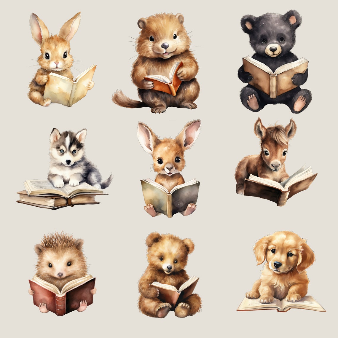 Animal Reading Clipart, Watercolor Animal Reading Book, Booklover Clip ...