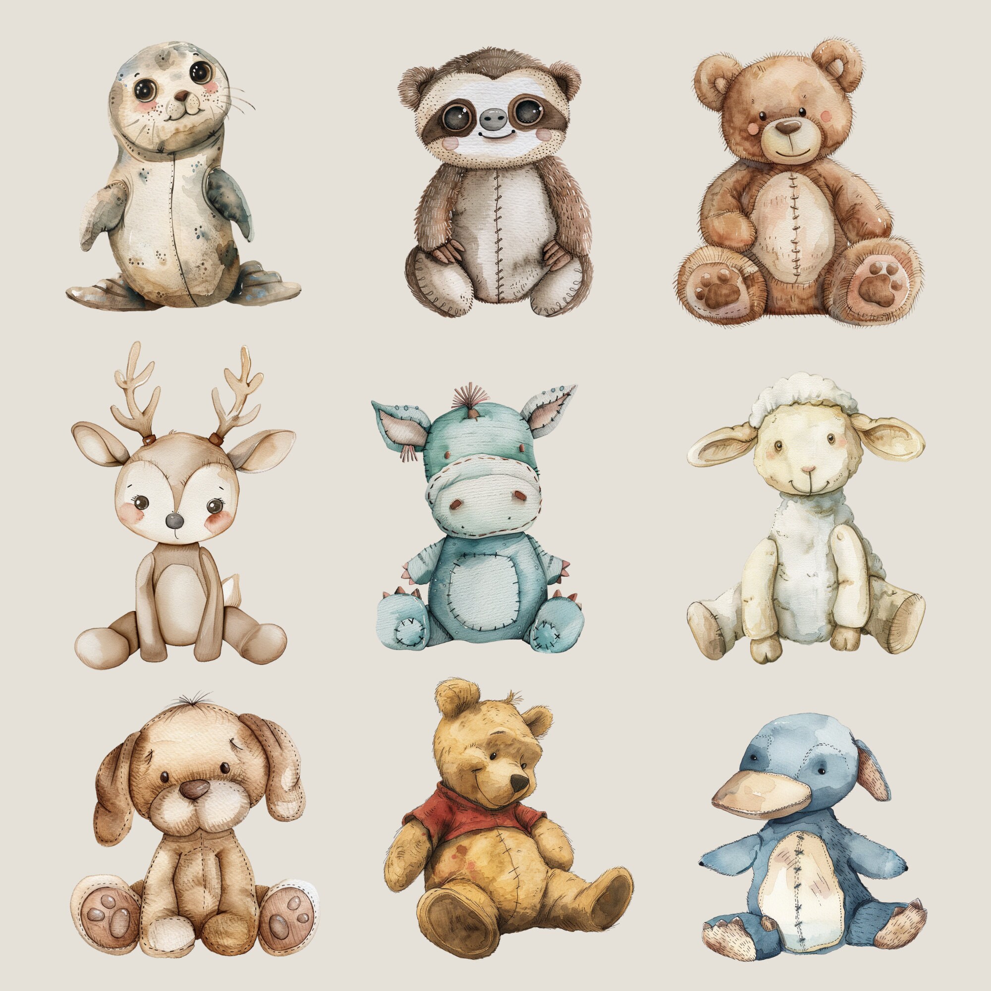 Vintage Knitted Plush Animals Clipart Pack, Watercolor Stuffed Animal ...