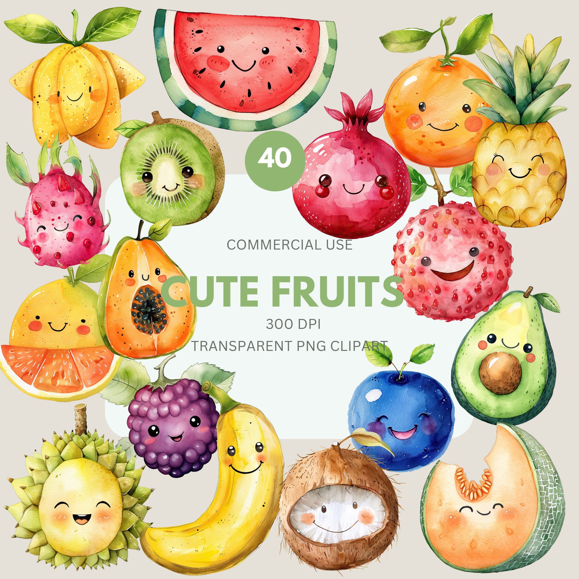 Cute Fruits Clipart Pack, Kawaii Fruit Clipart, Cute Exotic Fruits ...